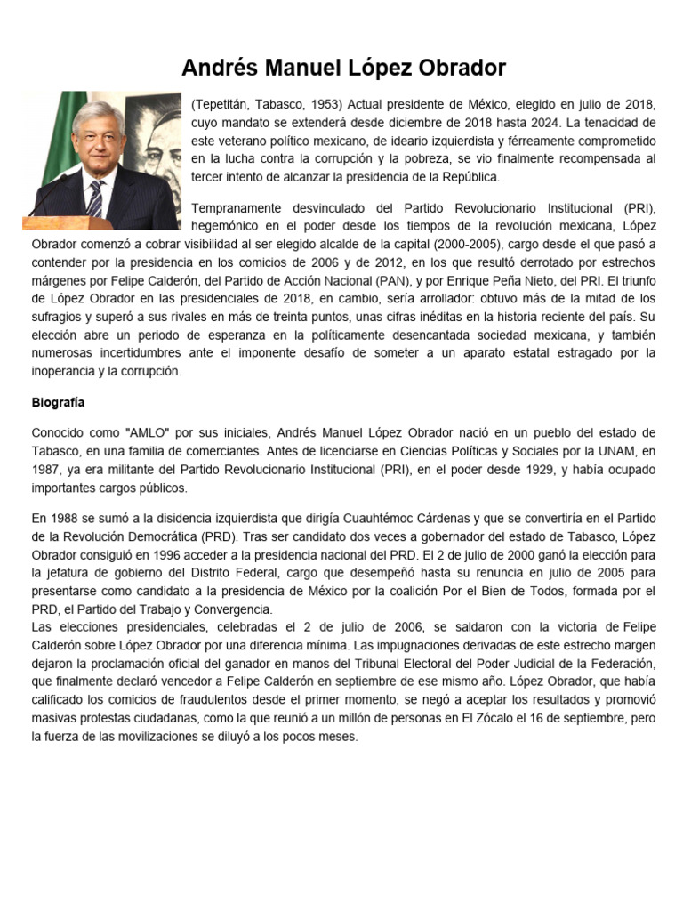 Andrés Manuel López Obrador BIOGRAFIA | PDF | Democracia | Ideologías políticas