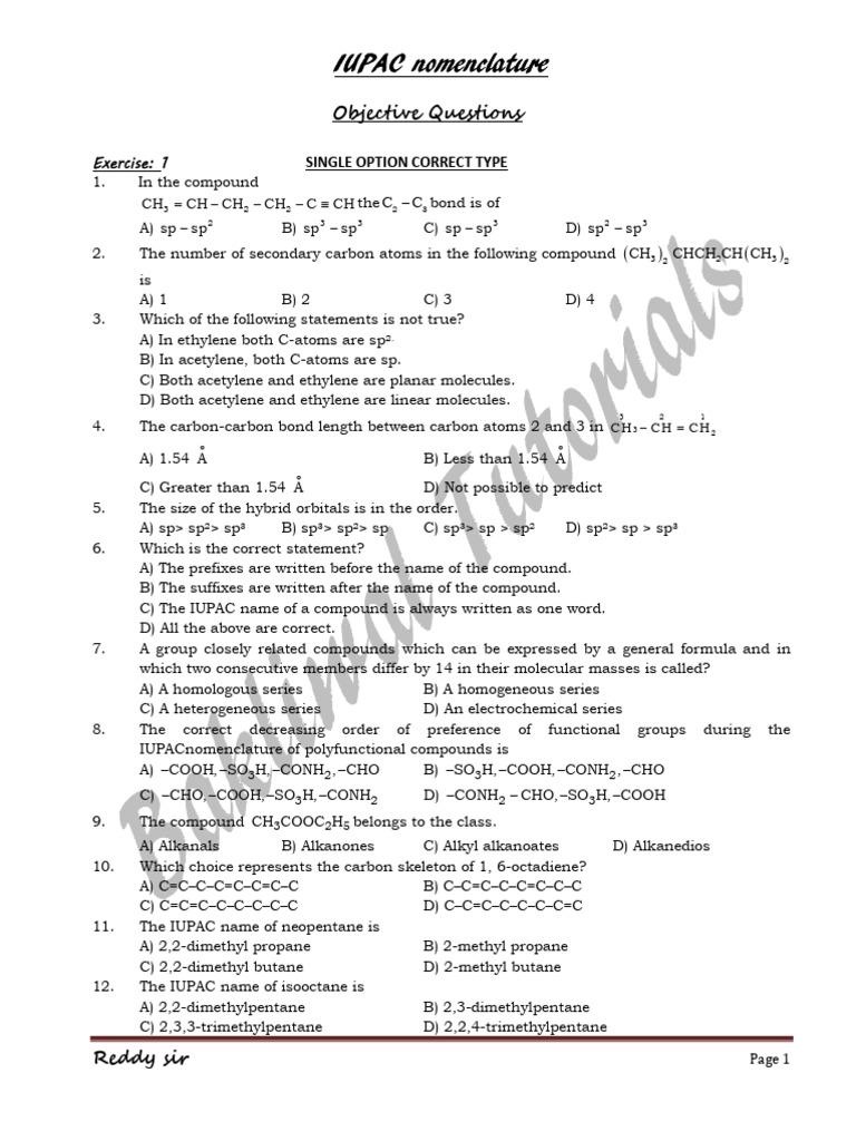 IUPAC Nomenclature MCQs for Class 11 | PDF | Methyl Group | Molecules
