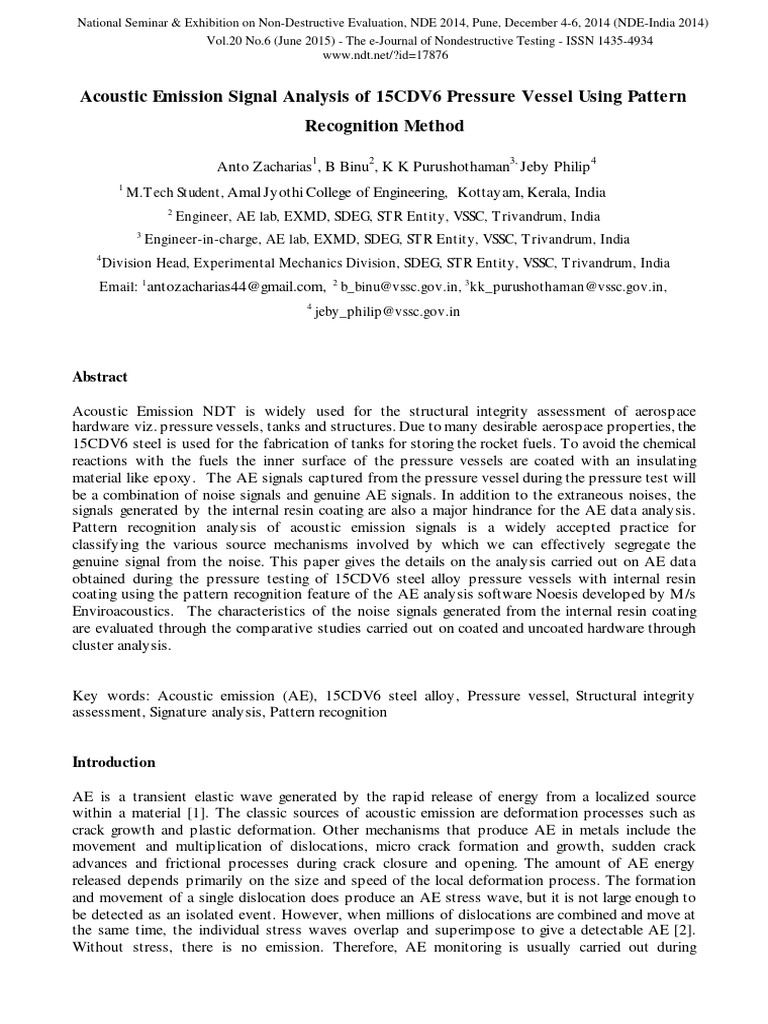 Acoustic Emission Signal Analysis of 15CDV6 Pressure Vessel Using Pattern Recognition Method ...