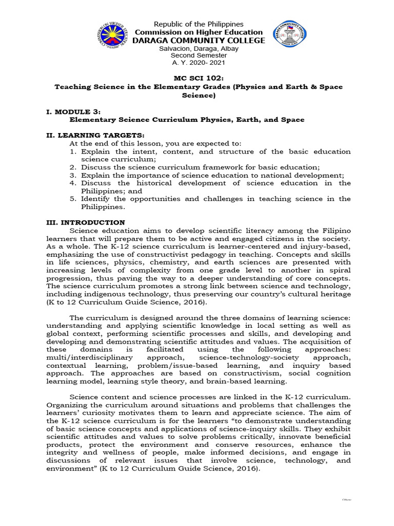 Elementary Science Curriculum Physics Earth And Space Pdf Science