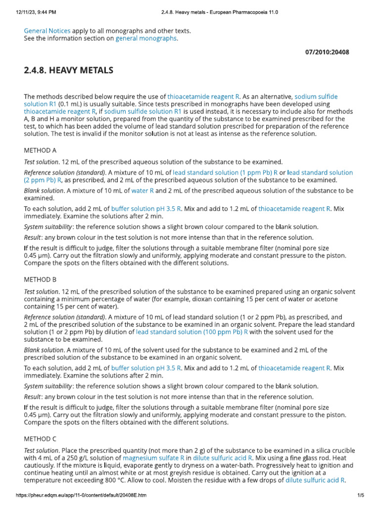 2.4.8. Heavy Metals - European Pharmacopoeia 11 | PDF