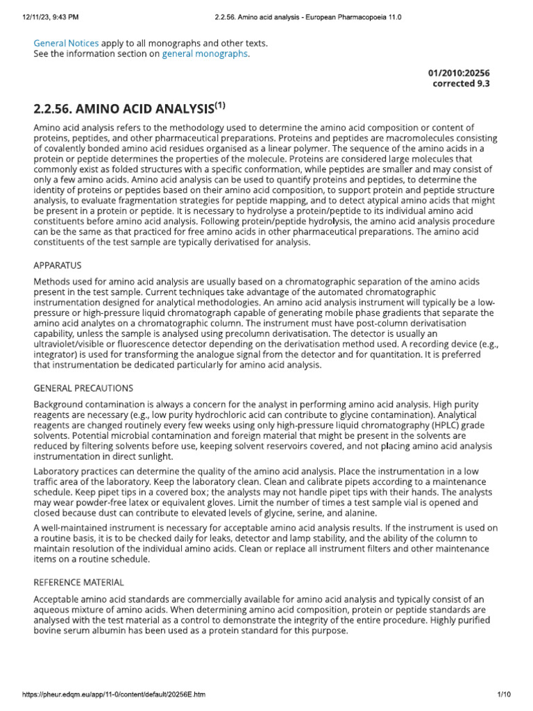 2.2.56. Amino Acid Analysis - European Pharmacopoeia 11 | PDF