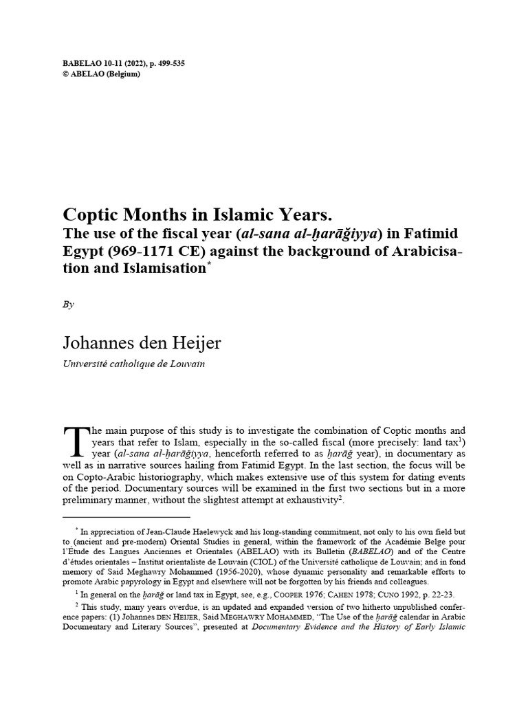 Coptic Months in Islamic Years The Use o | PDF | Copts | Calendar