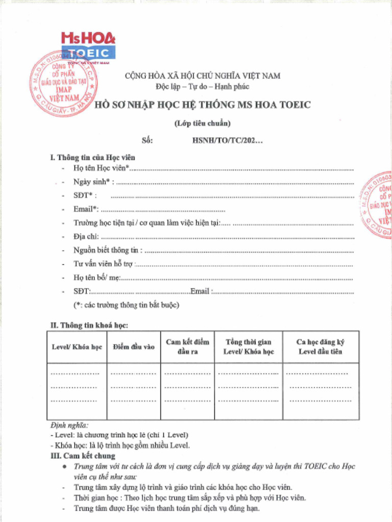 Ms Hoa Toeic - Hồ sơ nhập học - Lớp tiêu chuẩn | PDF