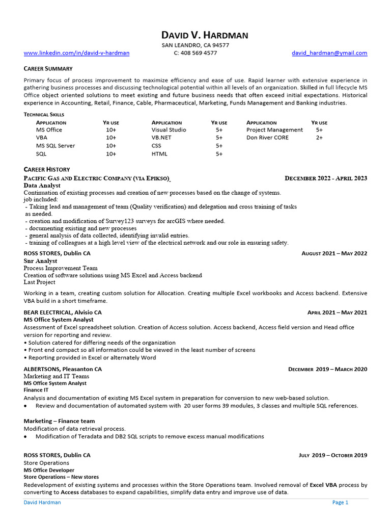 Dice Resume CV DAVID V HARDMAN | PDF