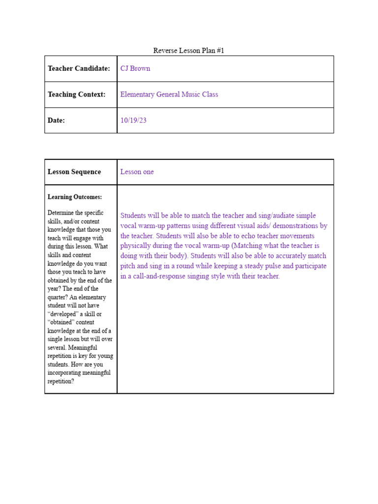 Reverse Lesson Plan 1 1 | PDF | Lesson Plan | Behavior Modification