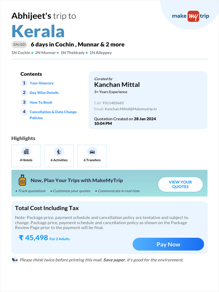 Munnar Trip Itinerary and Quotes | PDF | Meal | Taxes
