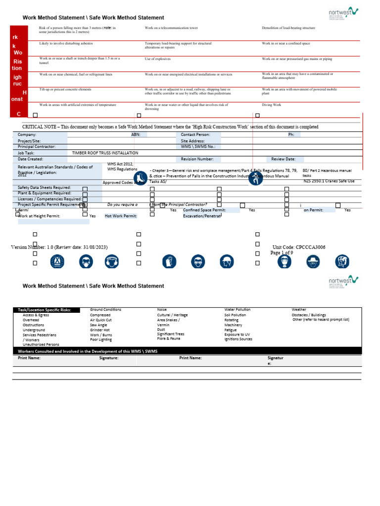 Safe - Work - Method - Statement - Roof - Truss - Installation V1.0 | PDF