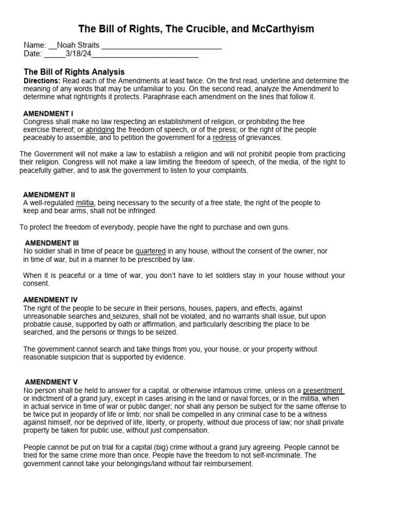 Noah Straits Copy of The Bill of Rights+ The Crucible | PDF | Political ...