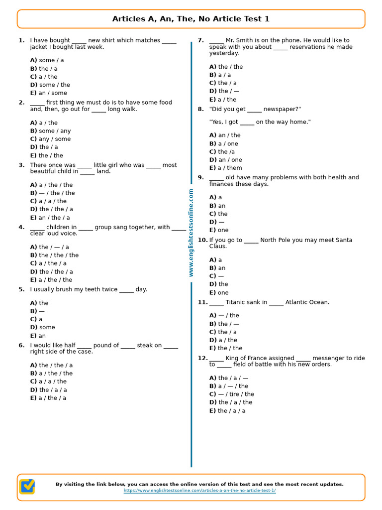 1804 - Articles A An The No Article Test 1 | PDF