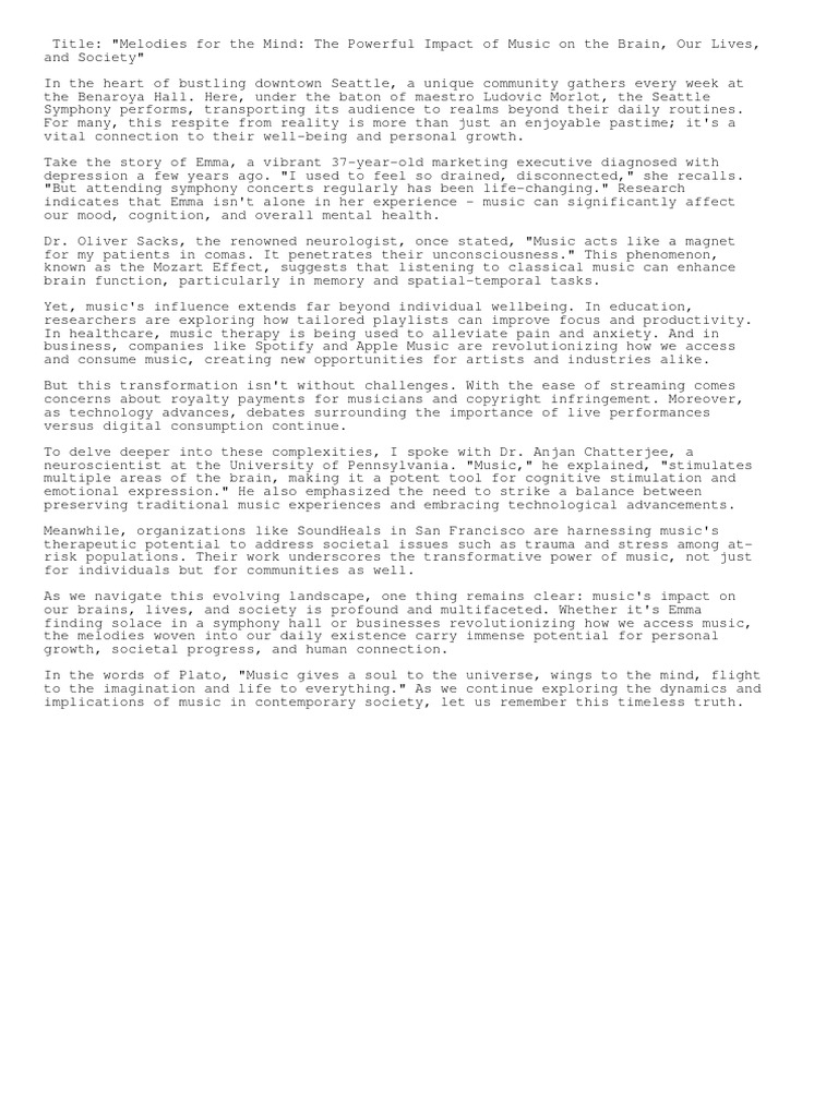 The Impact of Music on the Brain | PDF | Mind | Psychology