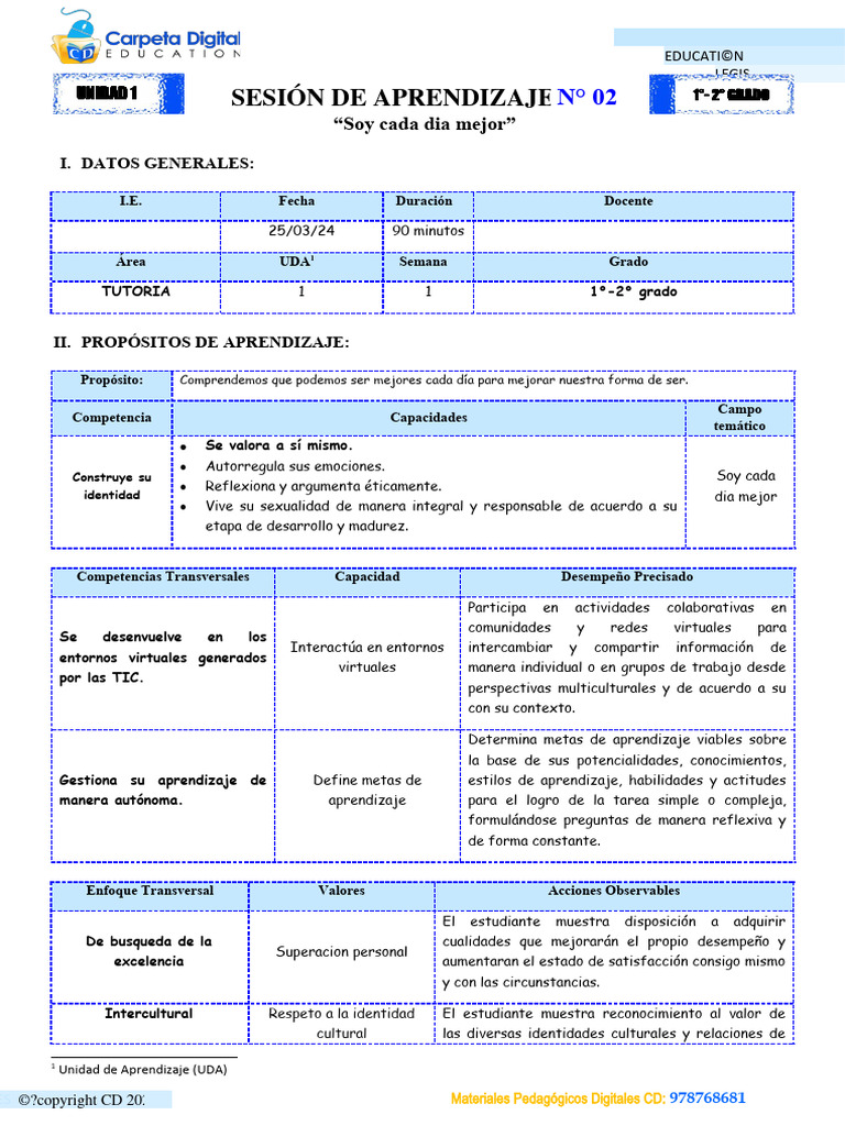 Sesión 2 - Soy Cada Dia Mejor - Tutoria 1ro-2do | PDF