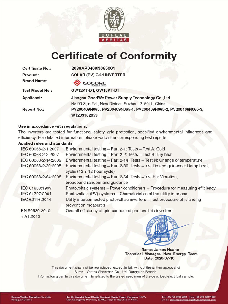 Solar Inverter Conformity Certificate | PDF