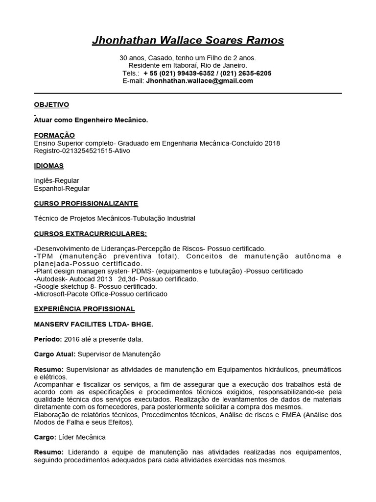 Modelo de Curr - Culo - Jhonhathan 2-3 | PDF | Negócios | Tecnologia e Engenharia