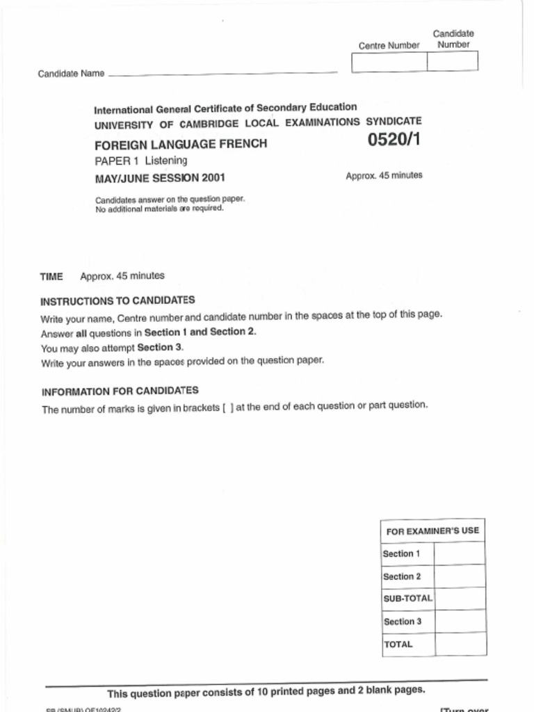 Cambridge IGCSE - French - June 2001 | PDF