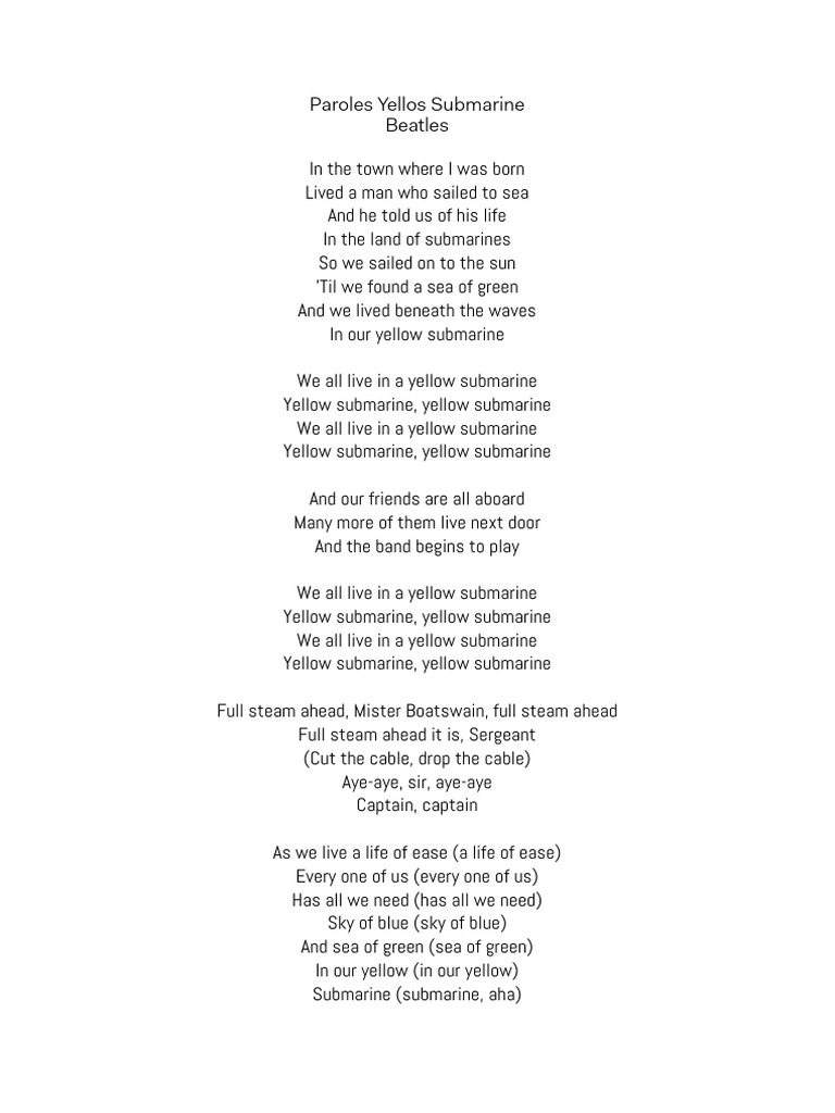Yellow Submarine Lyrics | PDF
