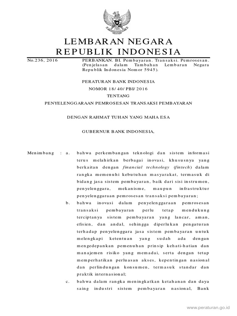 Peraturan BI No. 18/40/PBI/2016 Pembayaran | PDF | Komputer