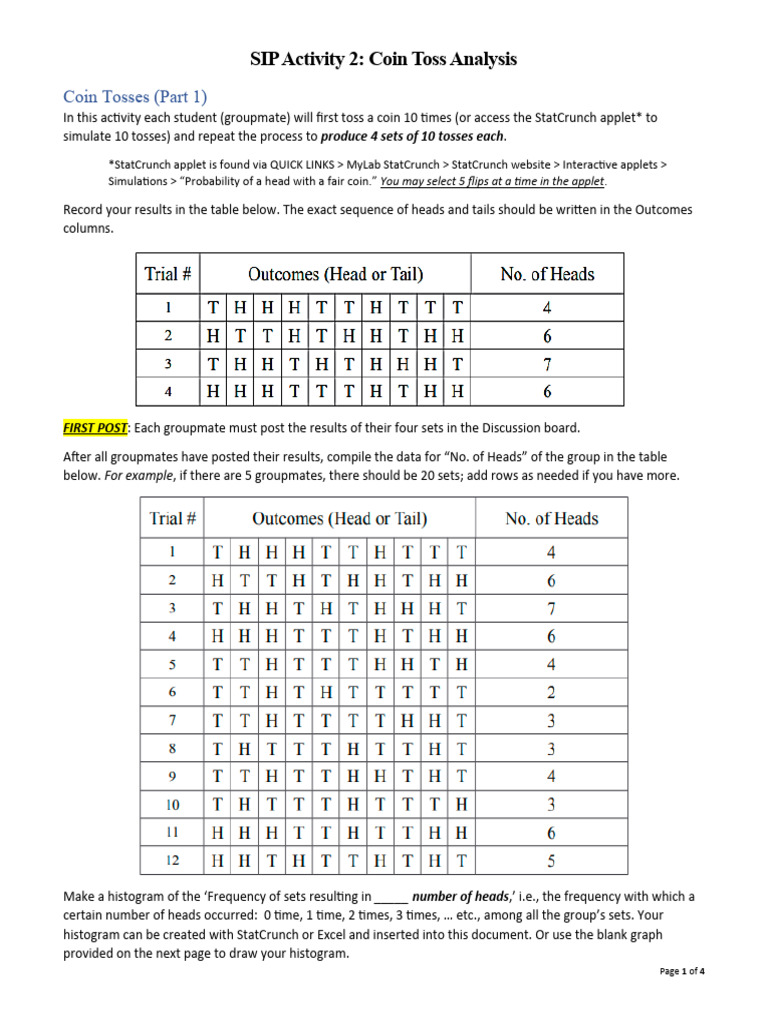 1308 SIP Activity 2-Analysis of Coin Toss-AOP Disc | PDF | Probability ...