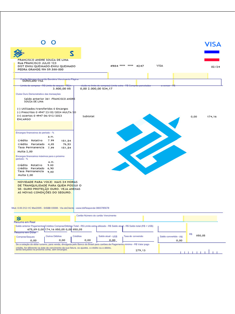 FATURA BANCO DO BRASIL | PDF | Cartão de crédito | Visa Inc.
