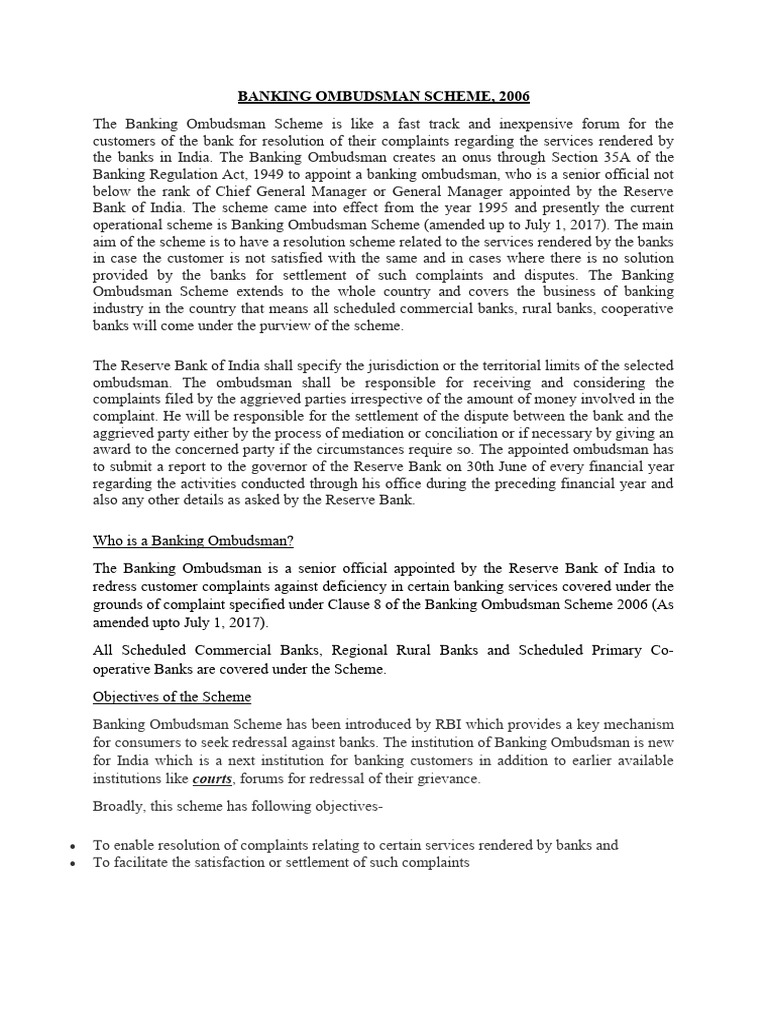 Banking Ombudsman Scheme Overview | PDF