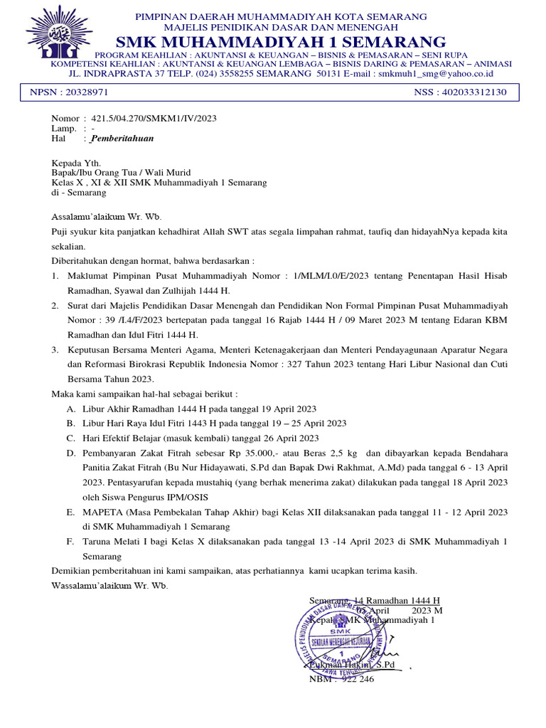 Pemberitahuan Libur Ramadhan 1444 H | PDF