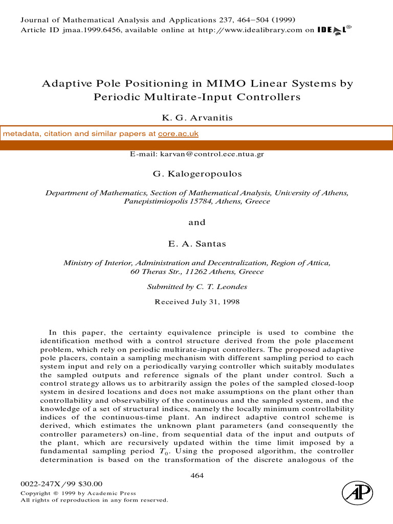 AdaptivePolePositioning MIMOSystems | PDF | Control Theory | Equations AdaptivePolePositioning MIMOSystems | PDF | Control Theory | Equations