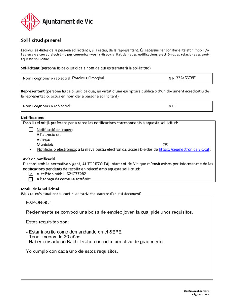 Instancia - Generica - Precious - Omogbai - Exercici | PDF