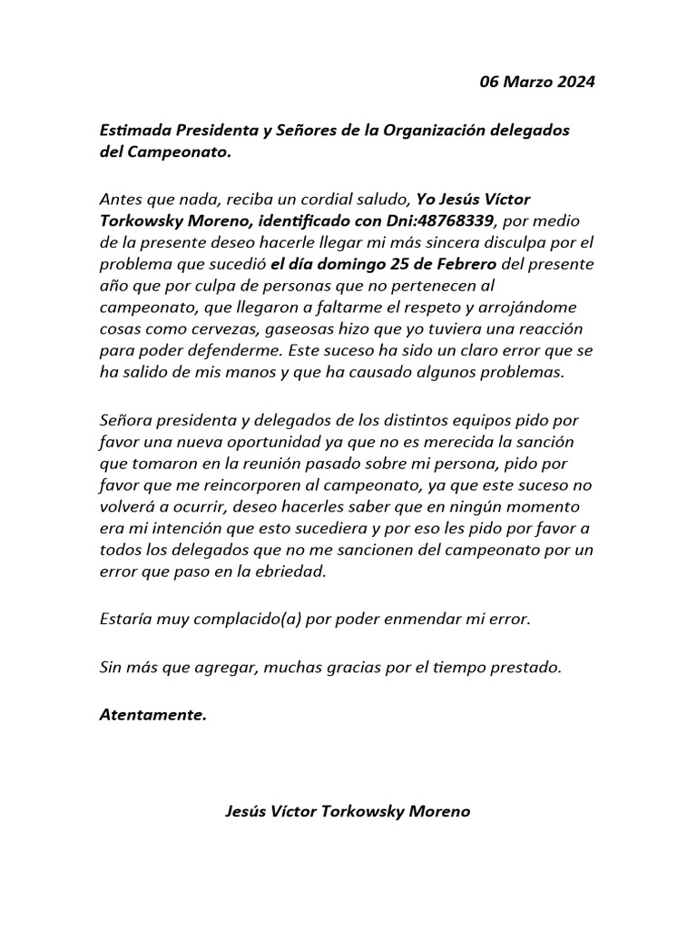 Carta de Disculpas | PDF | Derecho