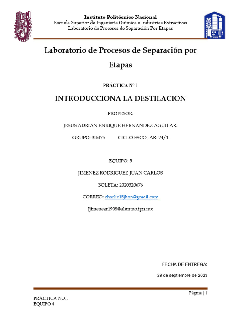 Laboratorio de Procesos de Separación Por Etapas Practica 1 | PDF | Aprendizaje | Laboratorios