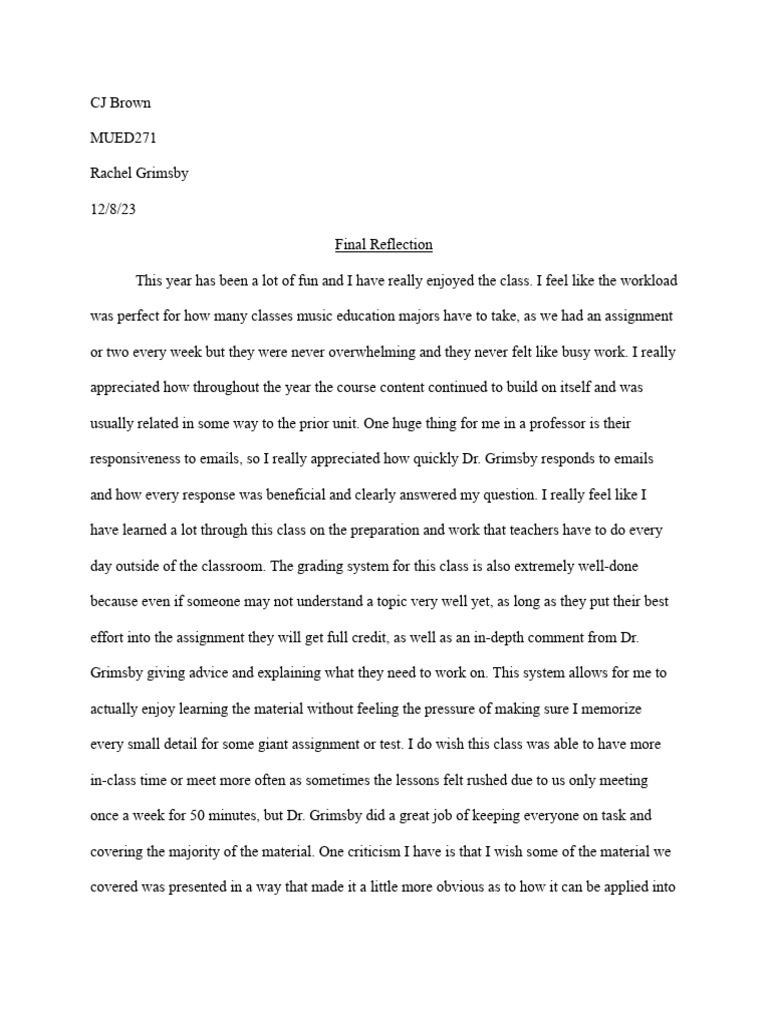 Mued271 Final Reflection | PDF | Classroom | Learning