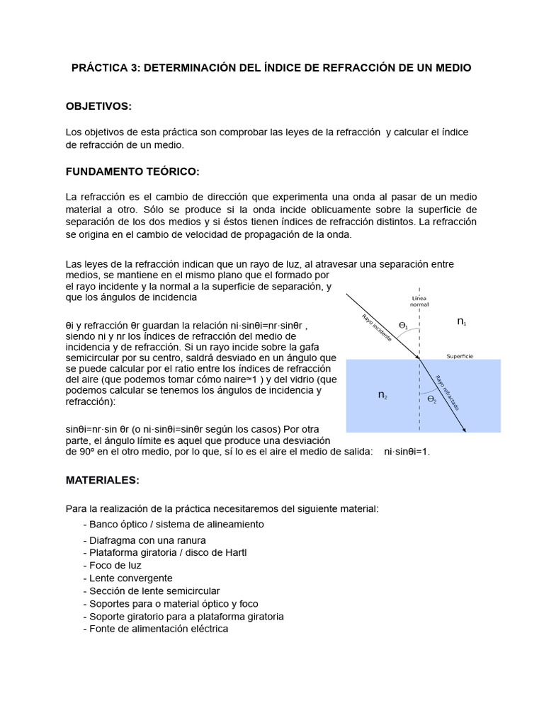 Práctica 3 Determinación Del Índice de Refracción de Un Medio | PDF | Refracción | Índice de ...