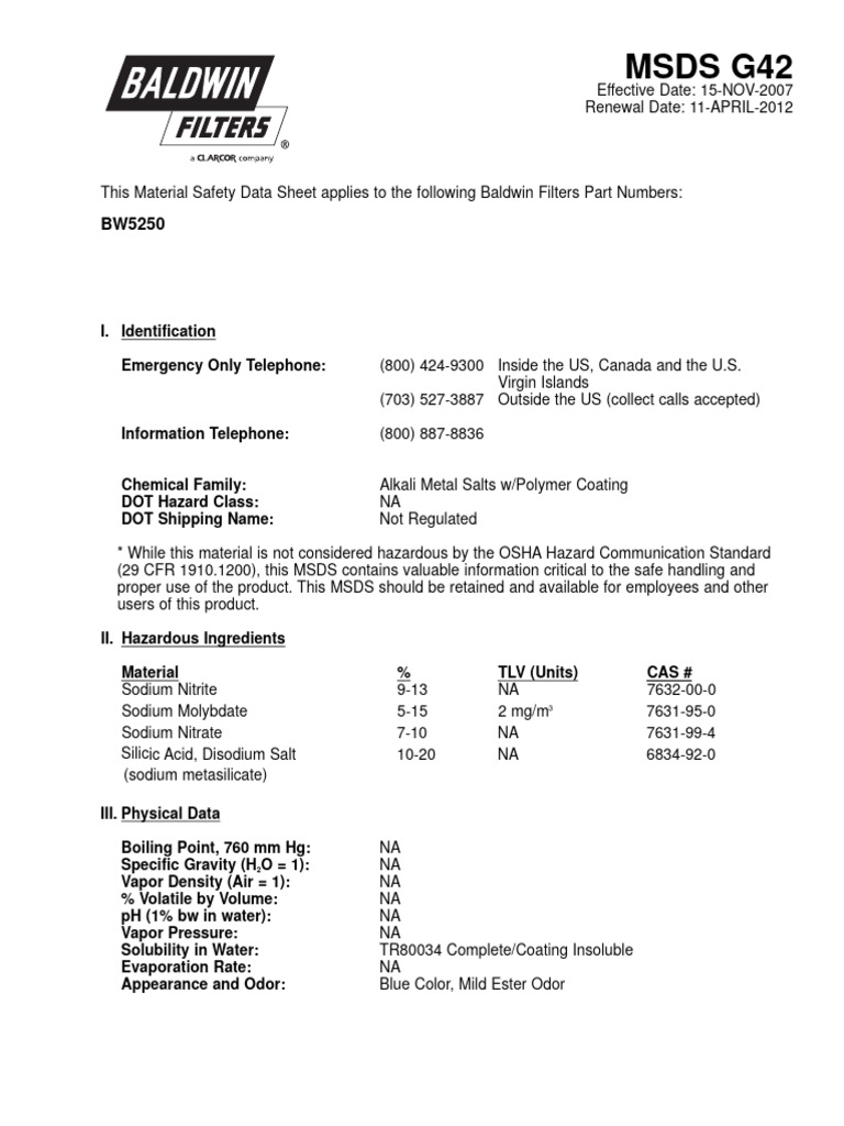 Baldwin G-42 MSDS | PDF | Sodium | Personal Protective Equipment