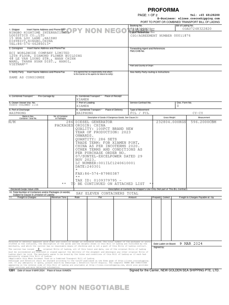 Coscon BL Draft 7248322820 1 | PDF | Cargo | Bill Of Lading