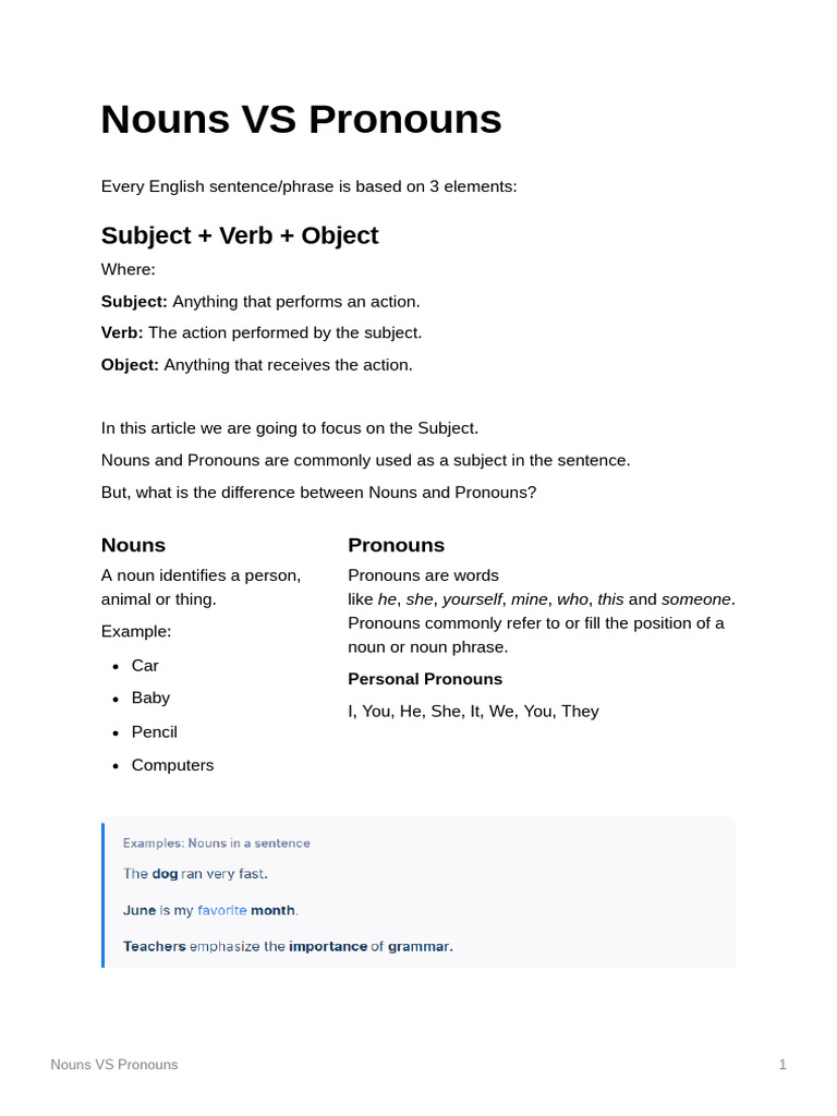 Nouns VS Pronouns | Download Free PDF | Plural | Noun