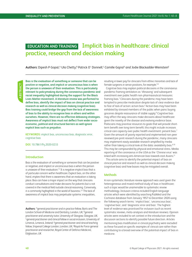 Implicit Bias in Healthcare - Clinical Practice, Research and Decision ...