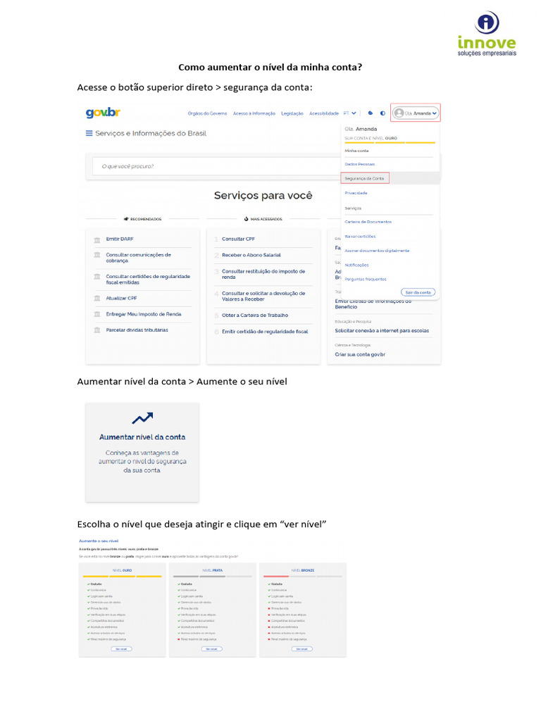 Passo a passo para realizar aumentar o nível da conta do GOV.BR | PDF