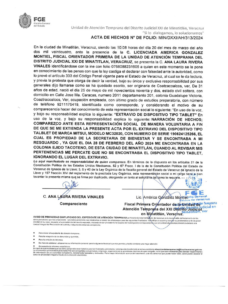 Acta de Extravio Celular Ana Rivera | PDF