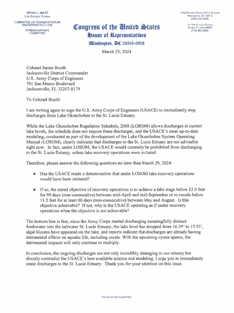 Letter To The Army Corps Demanding Complete Halt of Lake Okeechobee ...