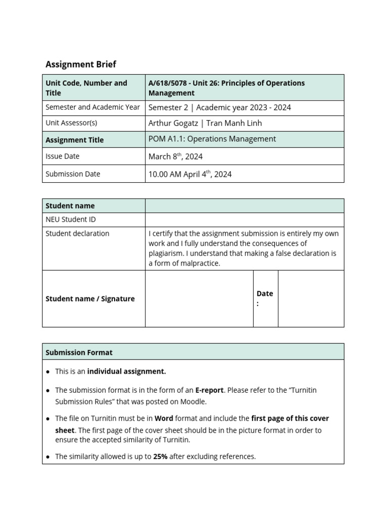 POM A1.1 Brief 2024 | PDF | Operations Management | Turnitin
