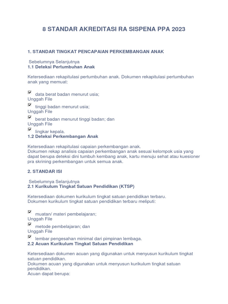 8 Standar Akreditasi Ra Sispena Ppa 2023 | PDF