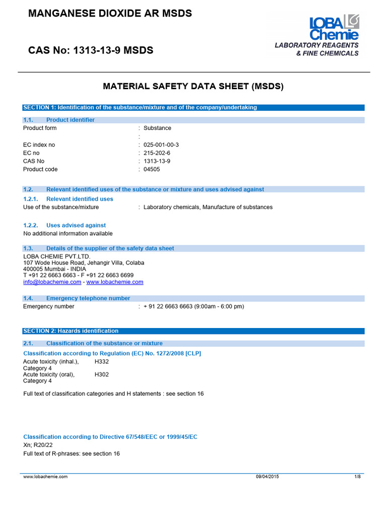 Manganese Dioxide MSDS Overview | PDF