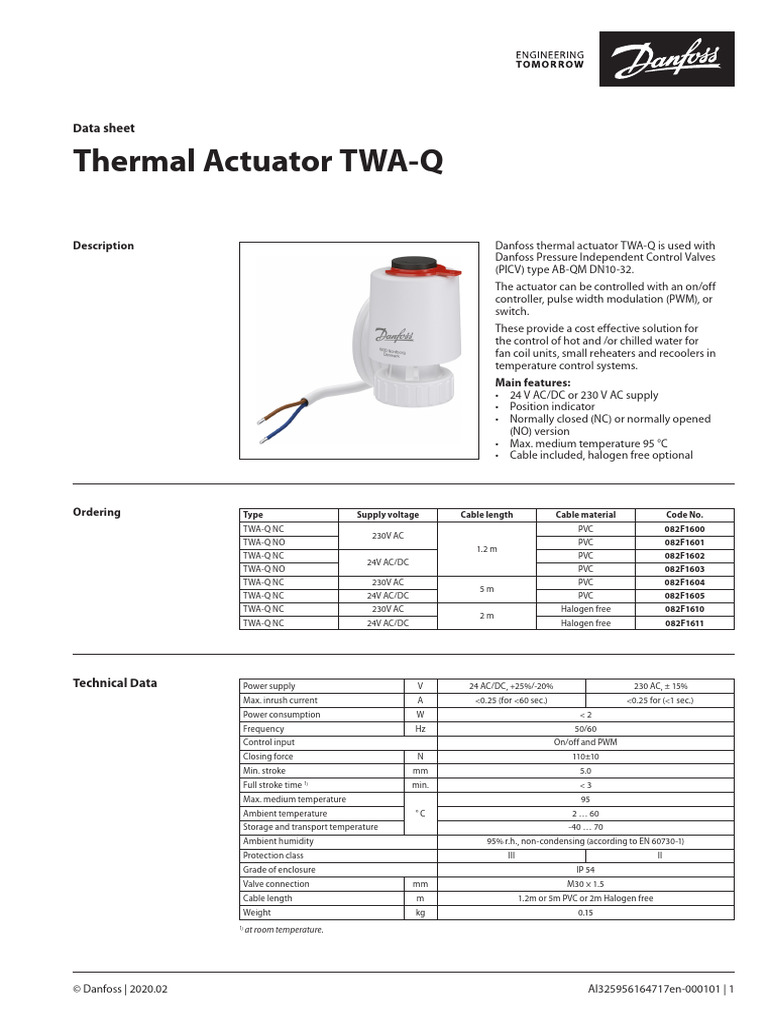 Danfoss TWA-Q Thermal Actuator Datasheet | PDF | Electrical Engineering ...
