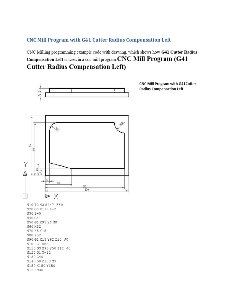 CNC Mill Program With G41 Cutter Radius Compensation Left | PDF