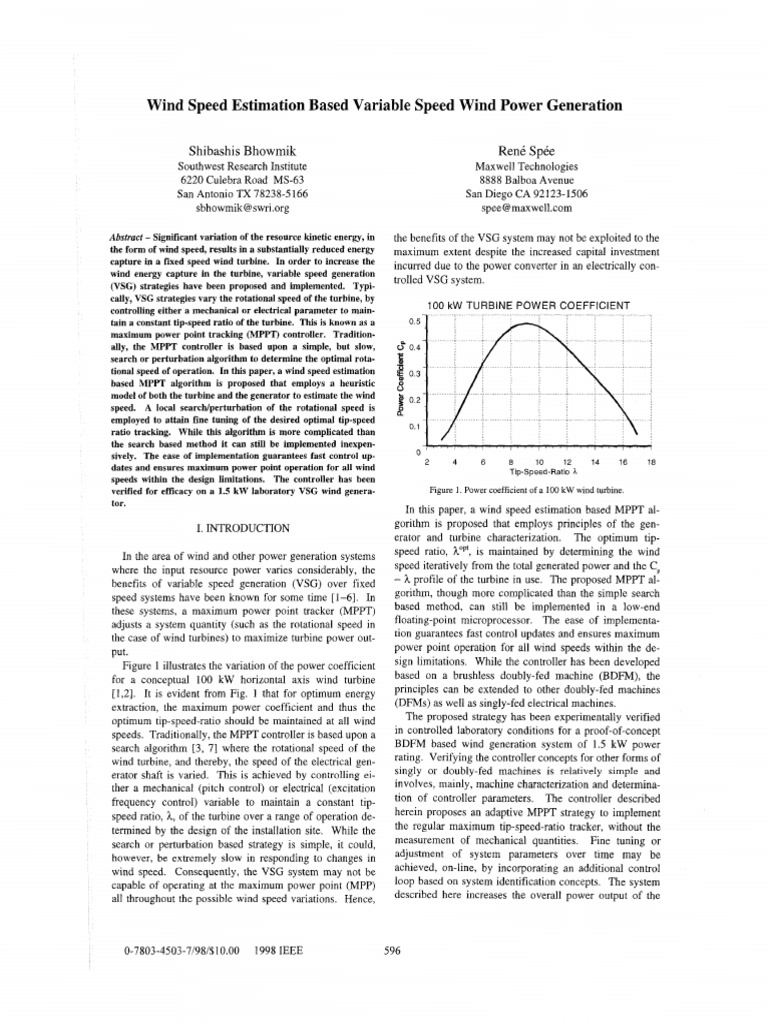 Wind Speed Estimation Based Variable Speed Wind Power Generation Pdf