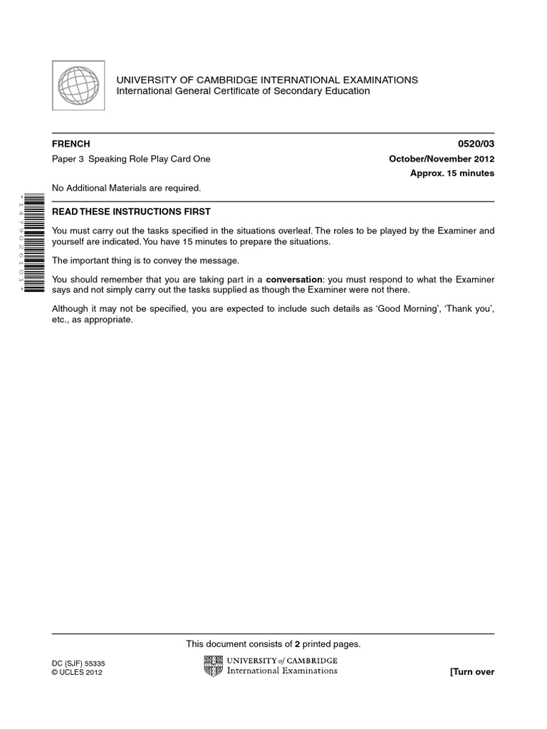 Paper 3 Speaking Role Play Card - Candidate - S Version 0520-03 | PDF ...