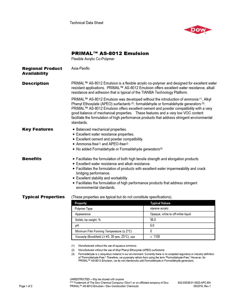 832-03039-01-primal-as8012-emulsion-tds (1) | PDF