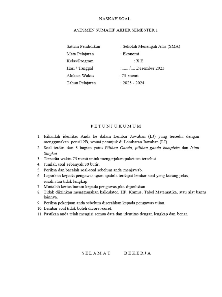 Format Soal Asesmen Sumatif Akhir Semester 1 X.E | PDF