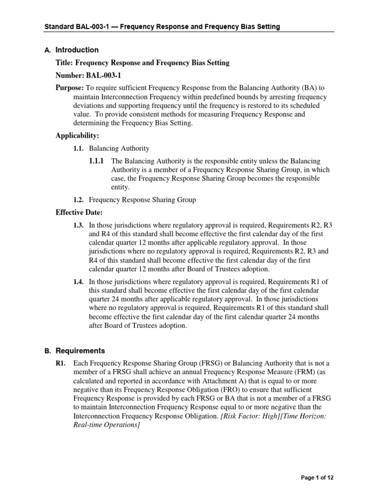 NERC BAL-003-1 Frequency Response Standard | PDF