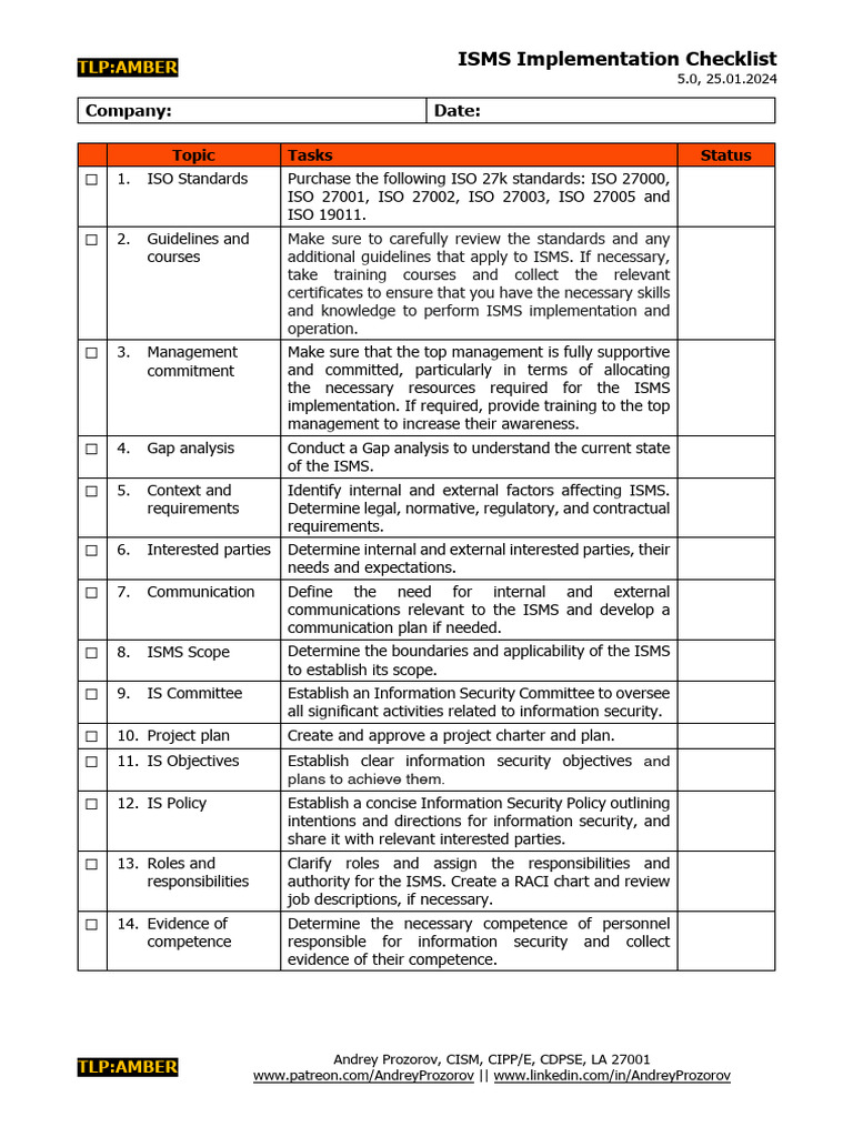 Isms Implementation Checklist Pdf Information Security Business