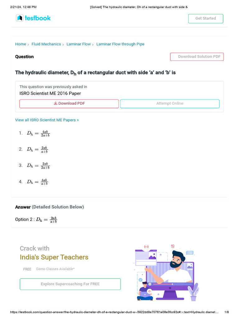 (Solved) The Hydraulic Diameter, DH of A Rectangular Duct With Side & | PDF | Reynolds Number ...